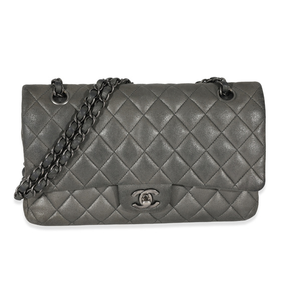 CHANEL | Bags | Chanel Grey Metallic Nubuck Medium Classic Double Flap ...